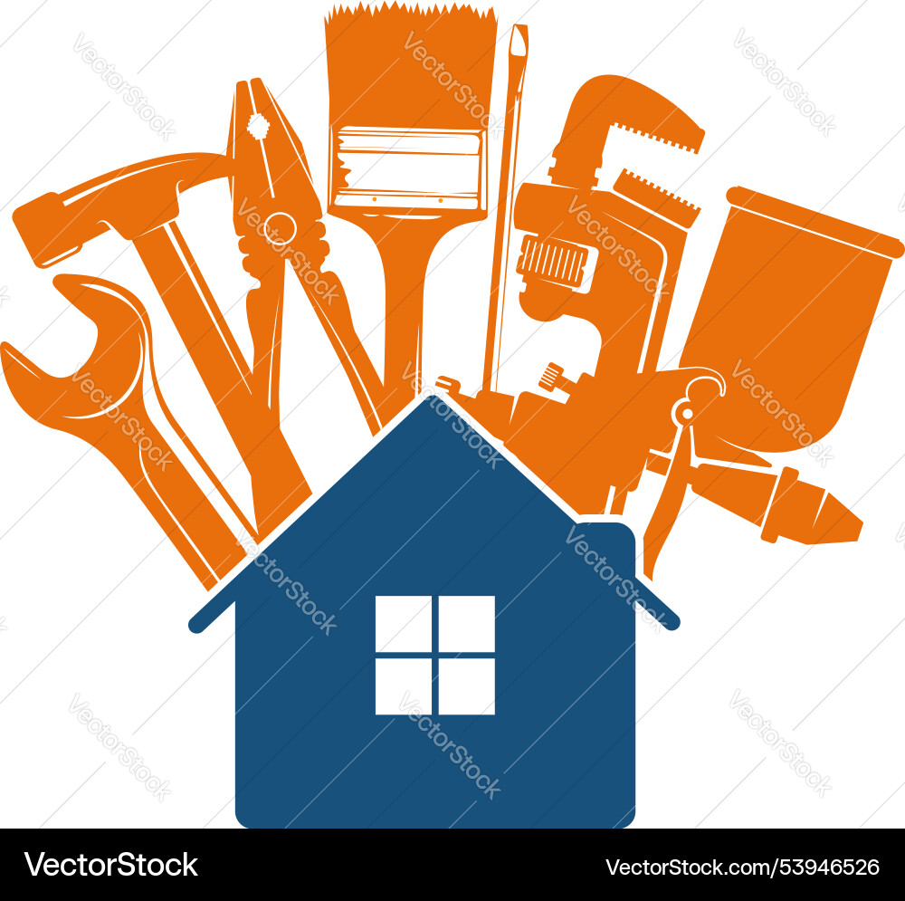 Home and tools for repair service sign Royalty Free Vector