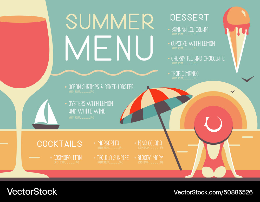 Retro summer restaurant menu design with wine Vector Image