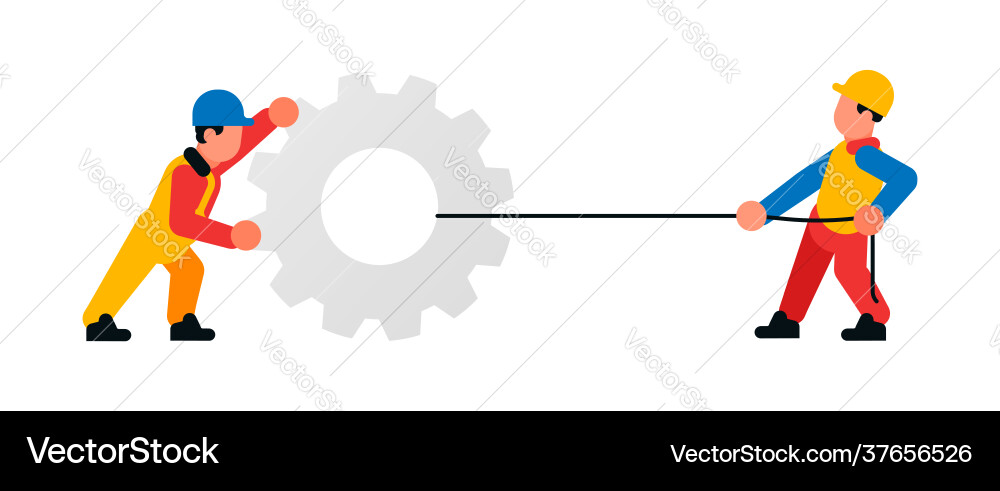Workers pulling a large gear on rope builders Vector Image