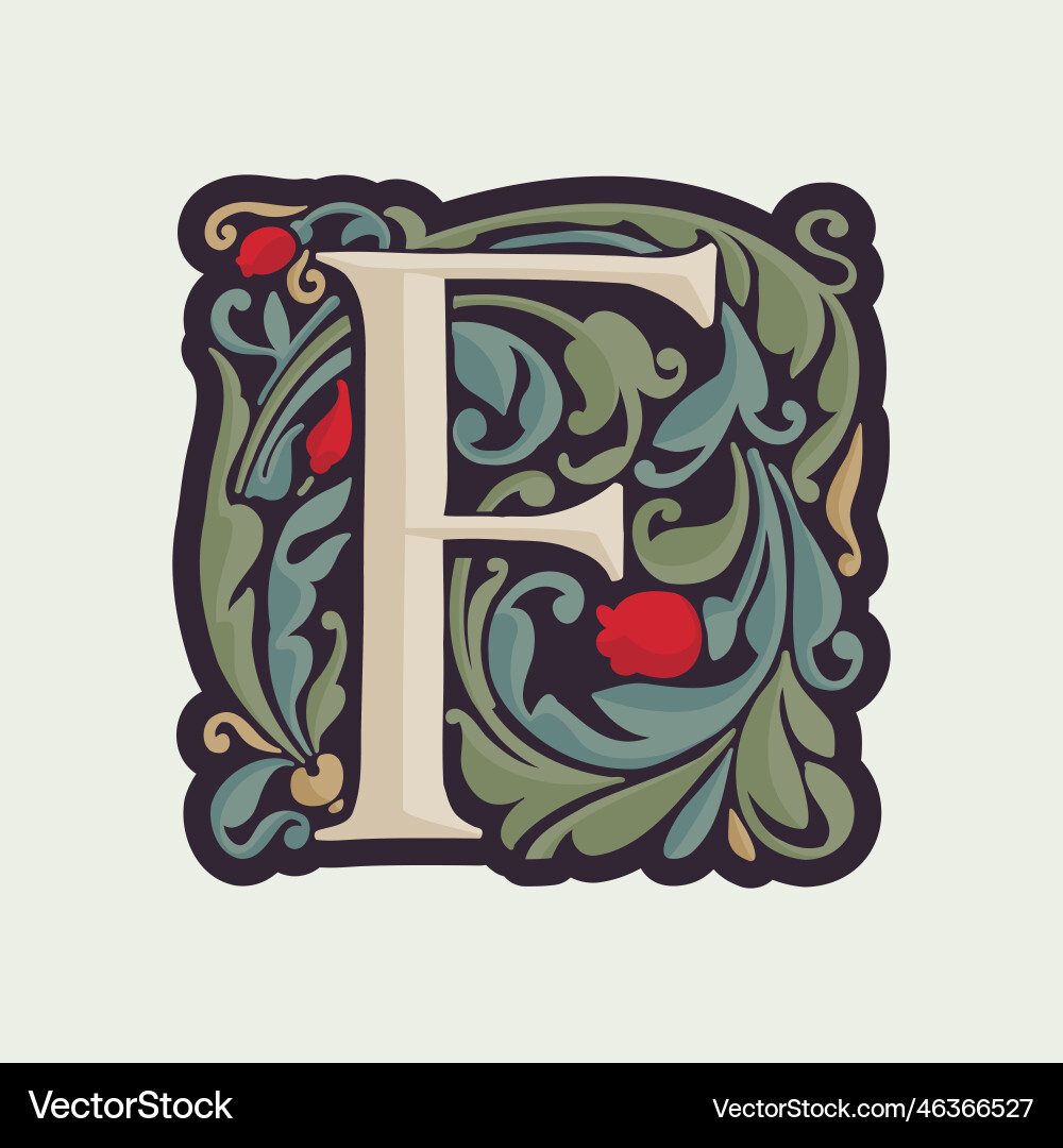 F letter illuminated initial with curve leaf Vector Image