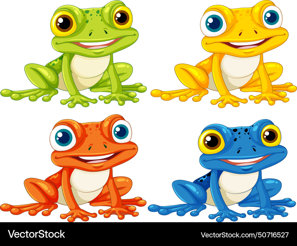 Four vibrant smiling cartoon frogs in different Vector Image