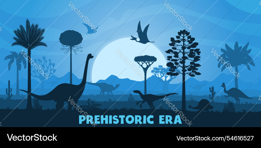 Prehistoric era sunset with dinosaurs silhouettes Vector Image