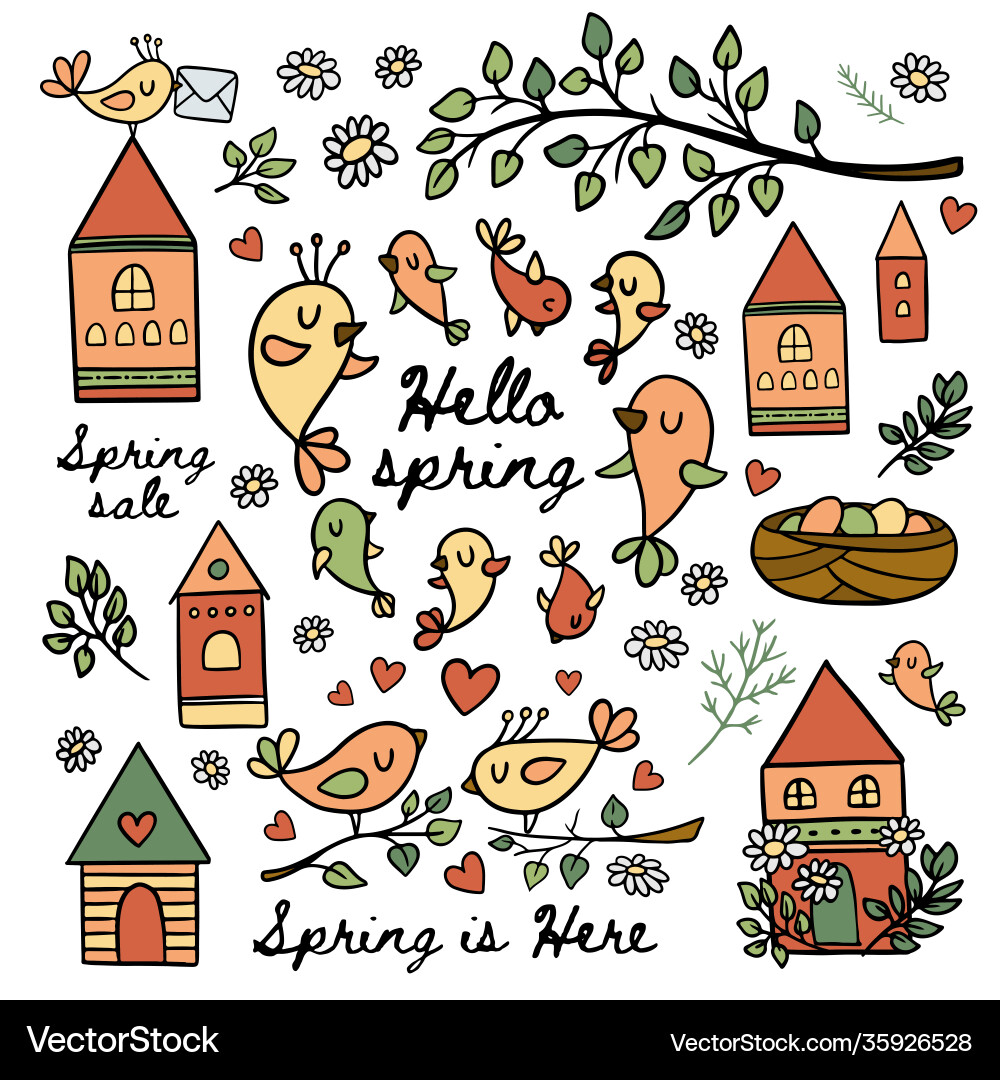 Birds in spring blooming nature cartoon Royalty Free Vector