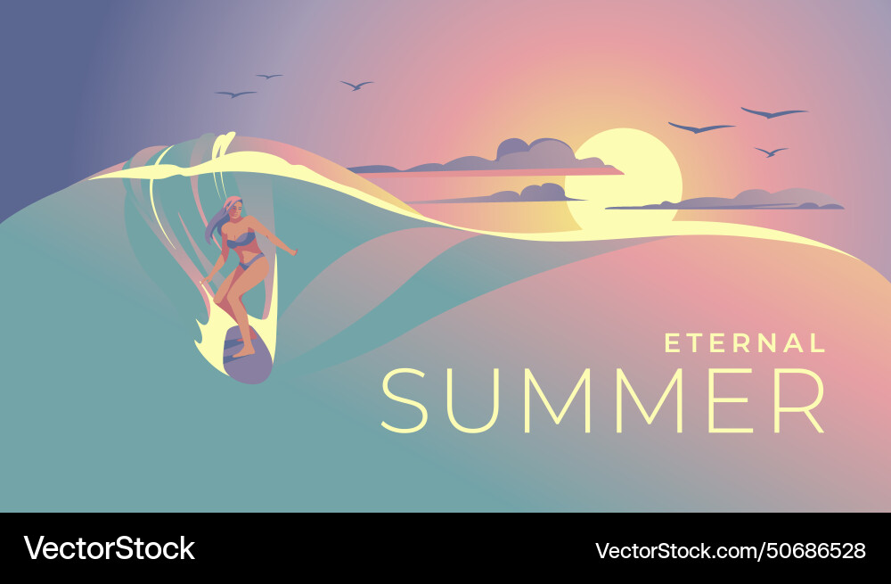 Female surfer on sunset wave a landscape Vector Image