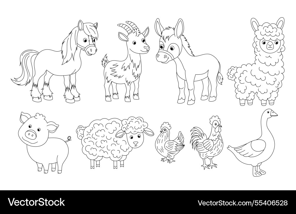 Line art farm animals coloring page Royalty Free Vector