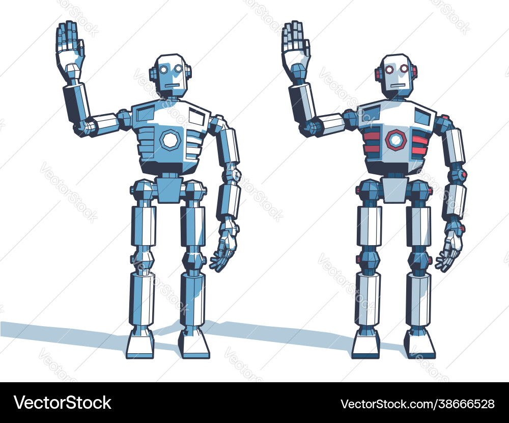 Robot man welcomes waving his hand Royalty Free Vector Image