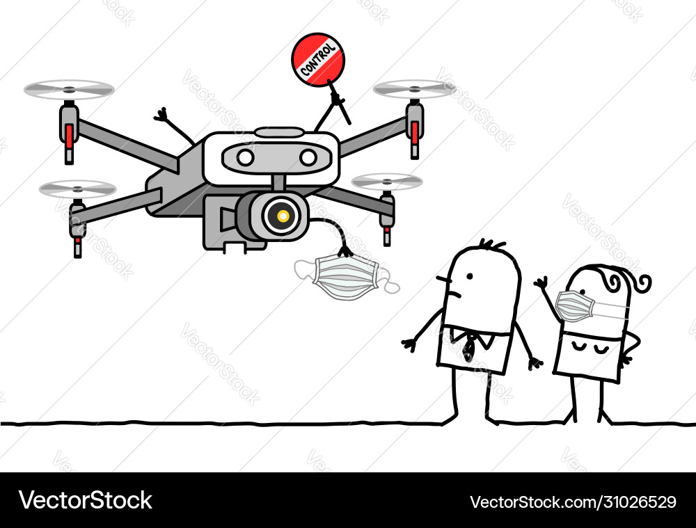 Cartoon people facing a control drone giving Vector Image