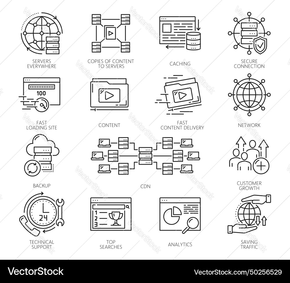 Cdn content delivery network thin line icons Vector Image