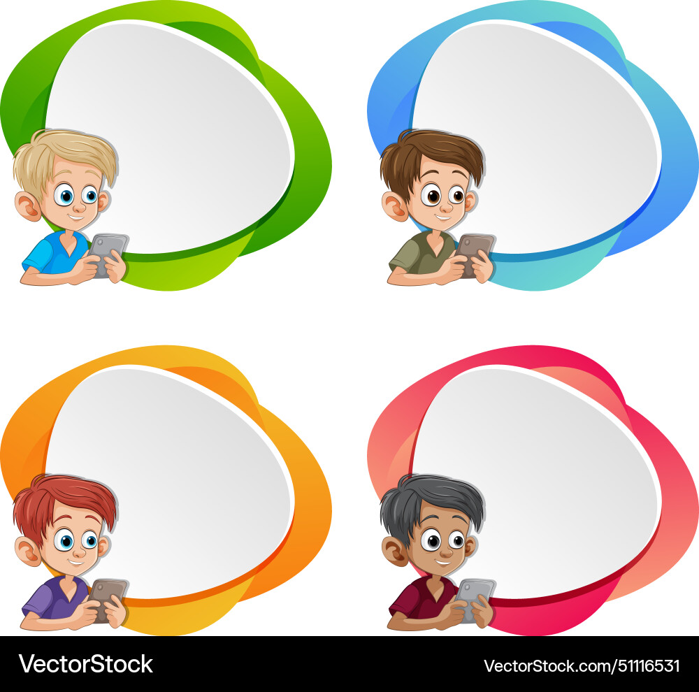 Cartoon children using devices inside speech Vector Image