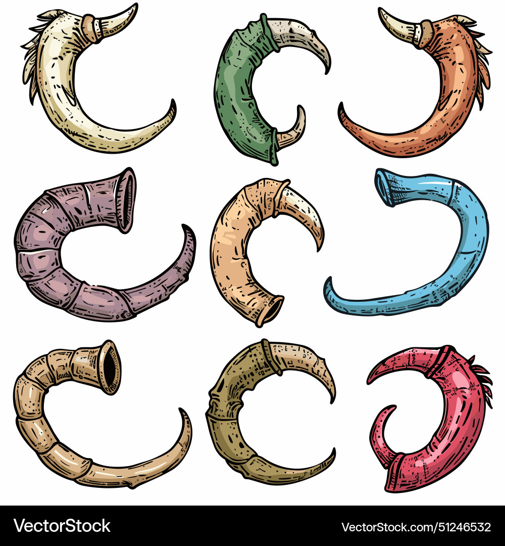 Collection colorful handdrawn horns various shapes
