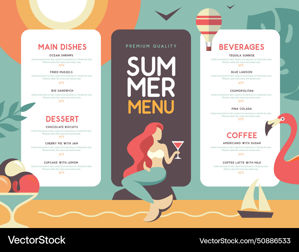 Retro summer restaurant menu design with mermaid Vector Image