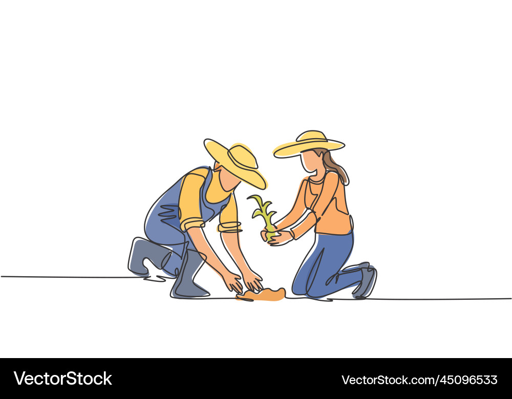 Single continuous line drawing couple farmer Vector Image