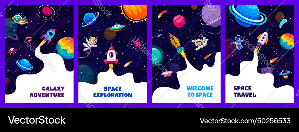 Space posters and flyers cartoon kid astronauts Vector Image