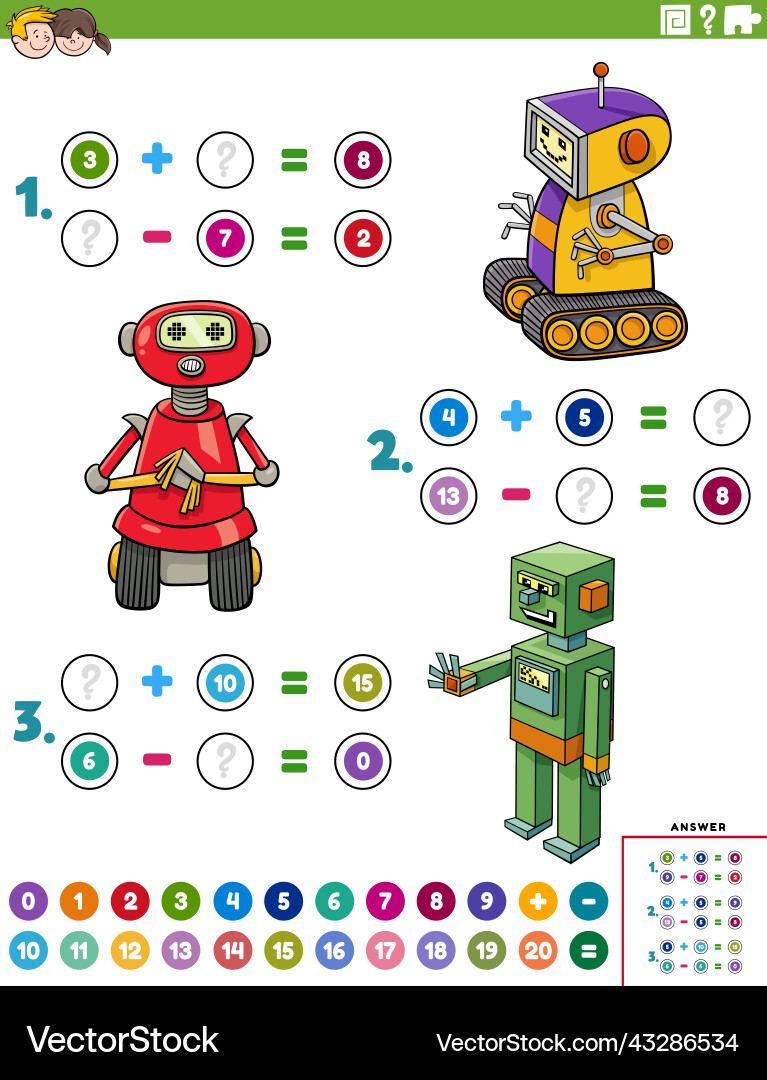 Addition and subtraction worksheet with cartoon Vector Image