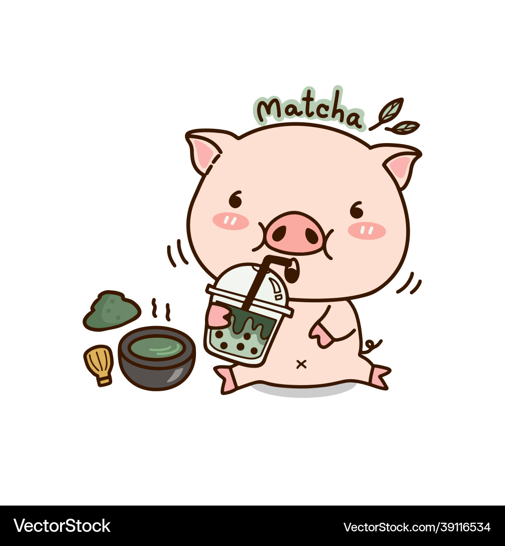 Cute pig drinking green tea cartoon Royalty Free Vector