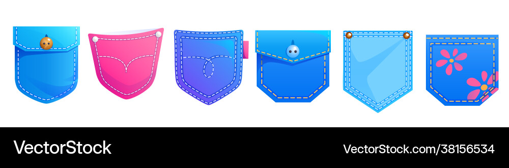 Denim patch pockets cartoon design elements set Vector Image