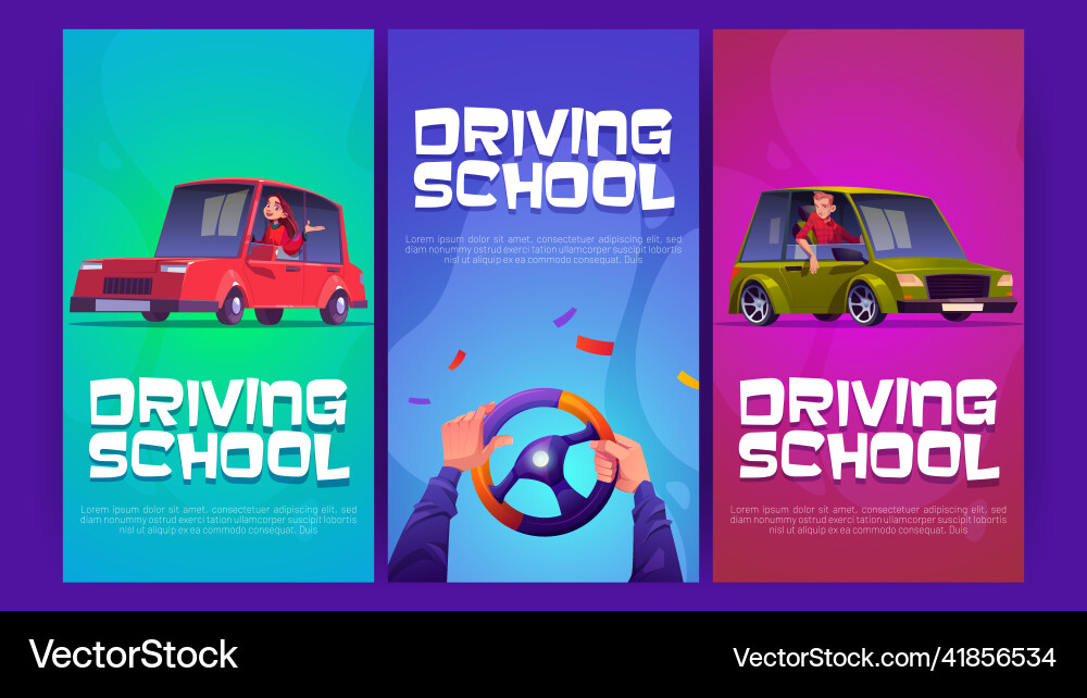 Driving school cartoon posters with driver in auto