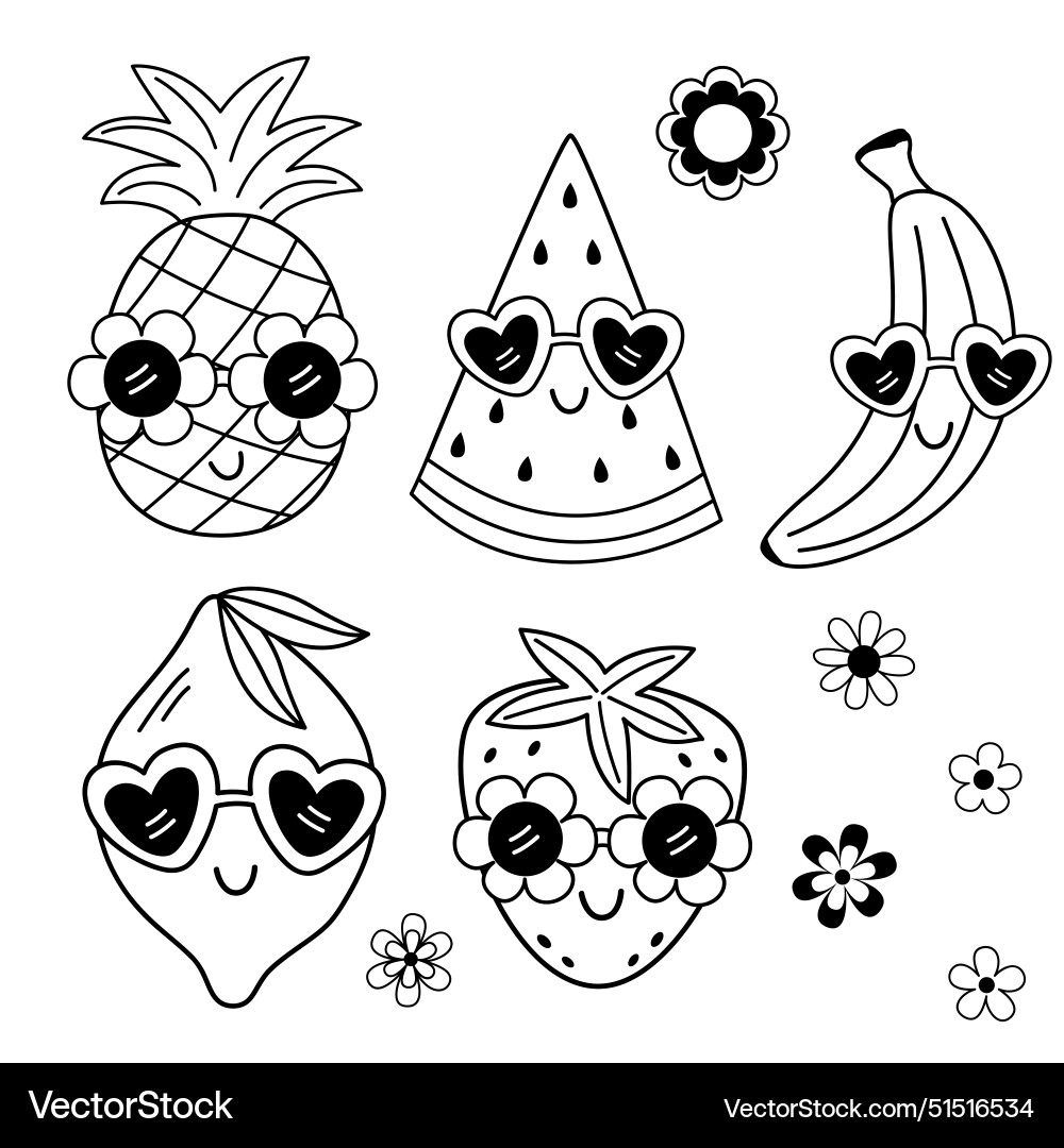 Set of isolated black and white cute fruit Vector Image