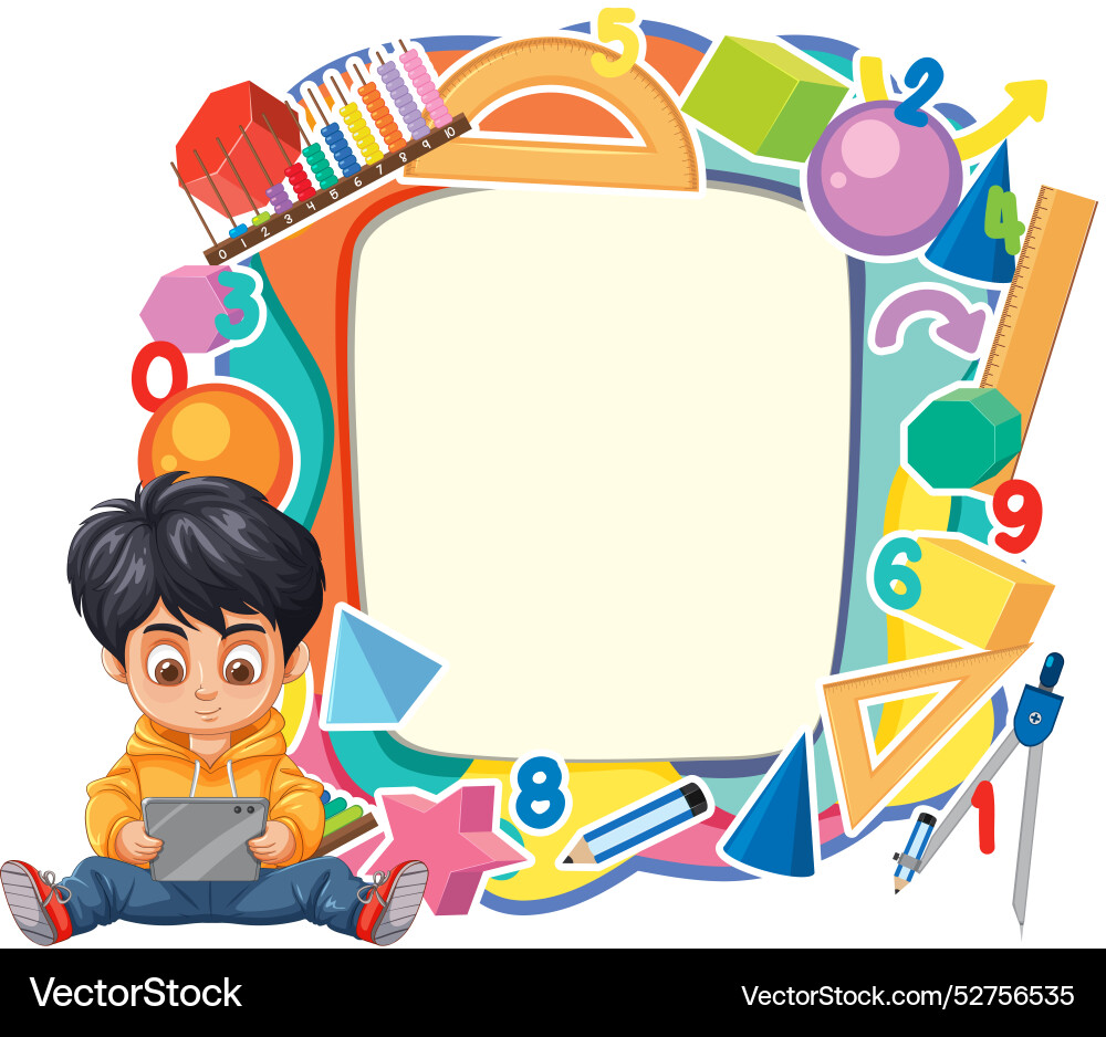 Boy using tablet surrounded by school supplies Vector Image