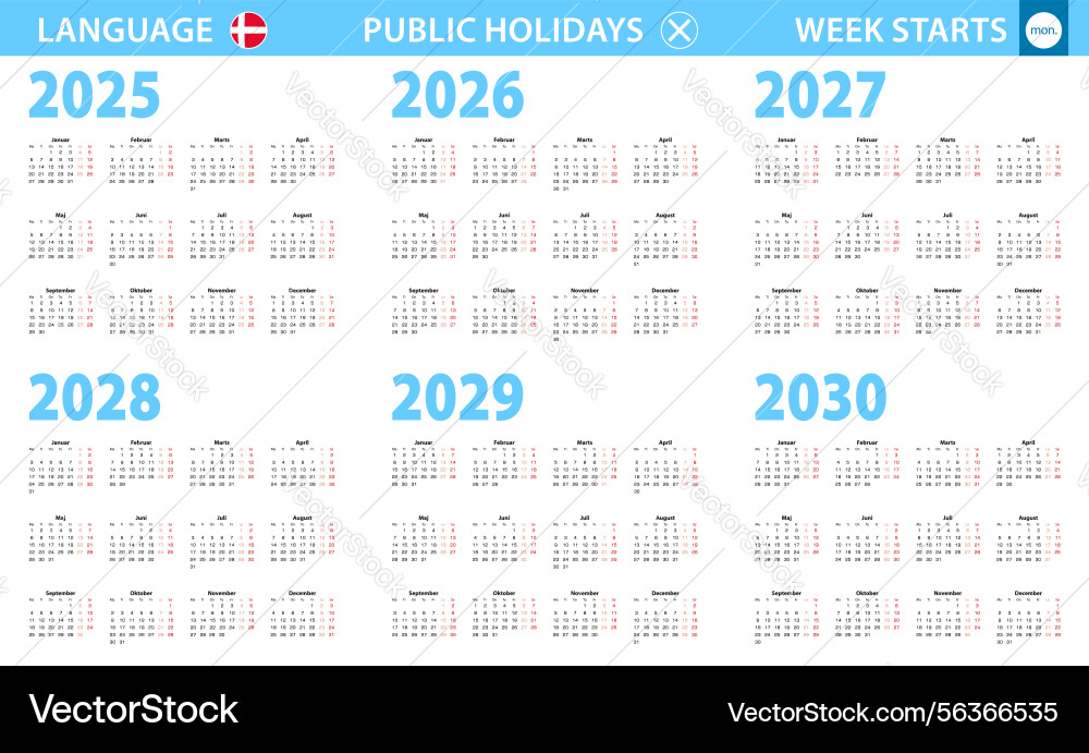 Calendar in danish language for year 2025 2026 Vector Image