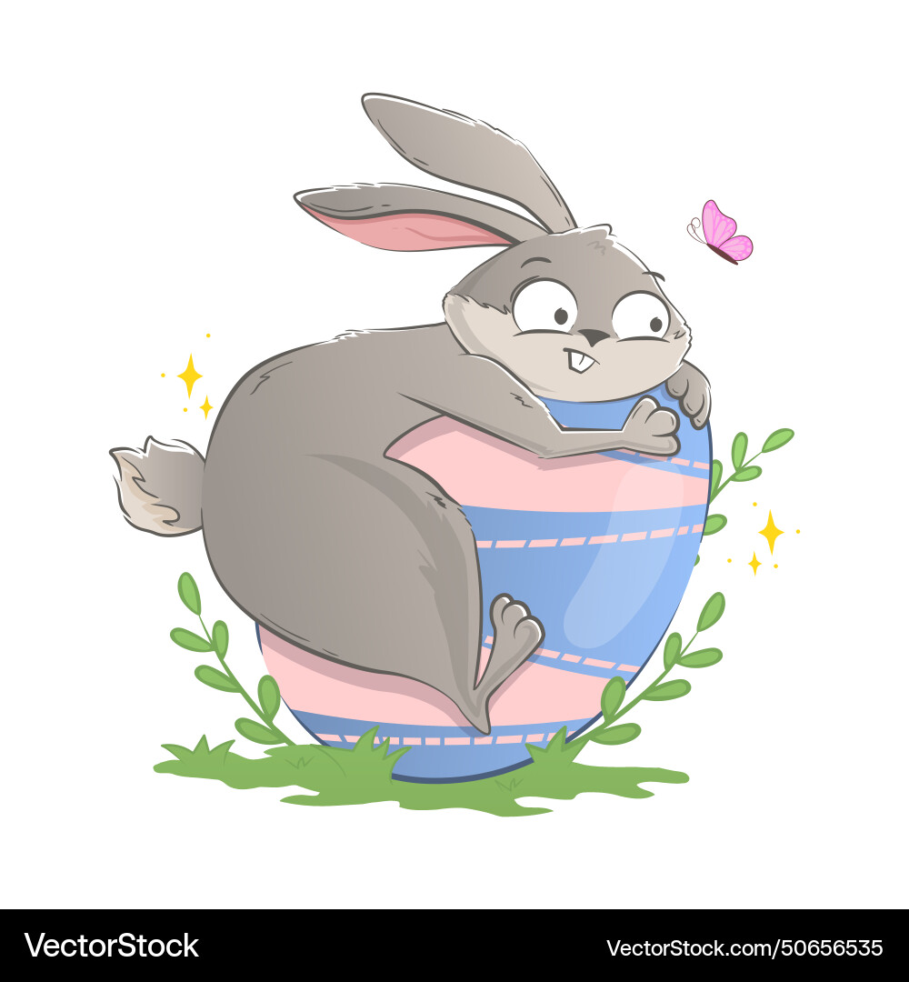 Funny easter bunny climbed and barely stands Vector Image