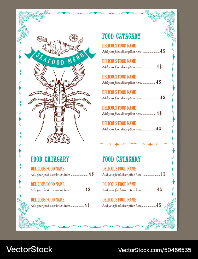 Seafood restaurant menu template design Royalty Free Vector