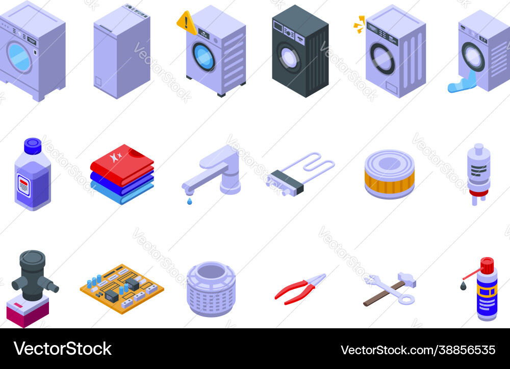 Washing machine repair icons set isometric Vector Image