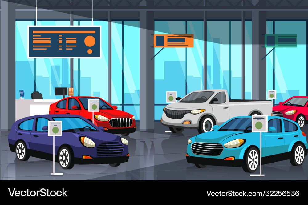 Car showroom center with autos exhibition inside Vector Image