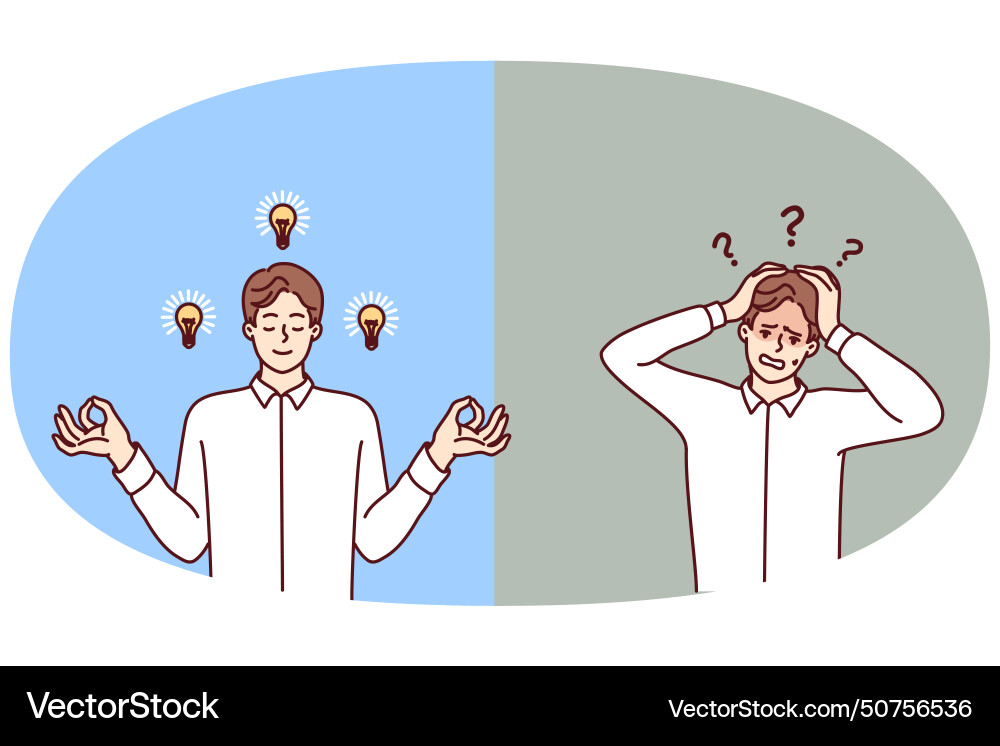 Discouraged man clutching head and meditating guy Vector Image