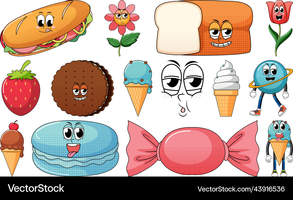 Set of objects and foods cartoon characters Vector Image
