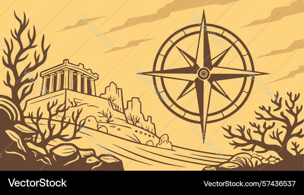 Compass rose amidst ancient desert ruins design Vector Image