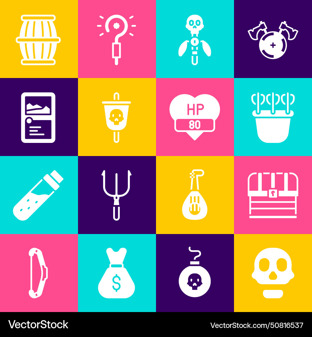 Set skull chest quiver with arrows magic staff Vector Image