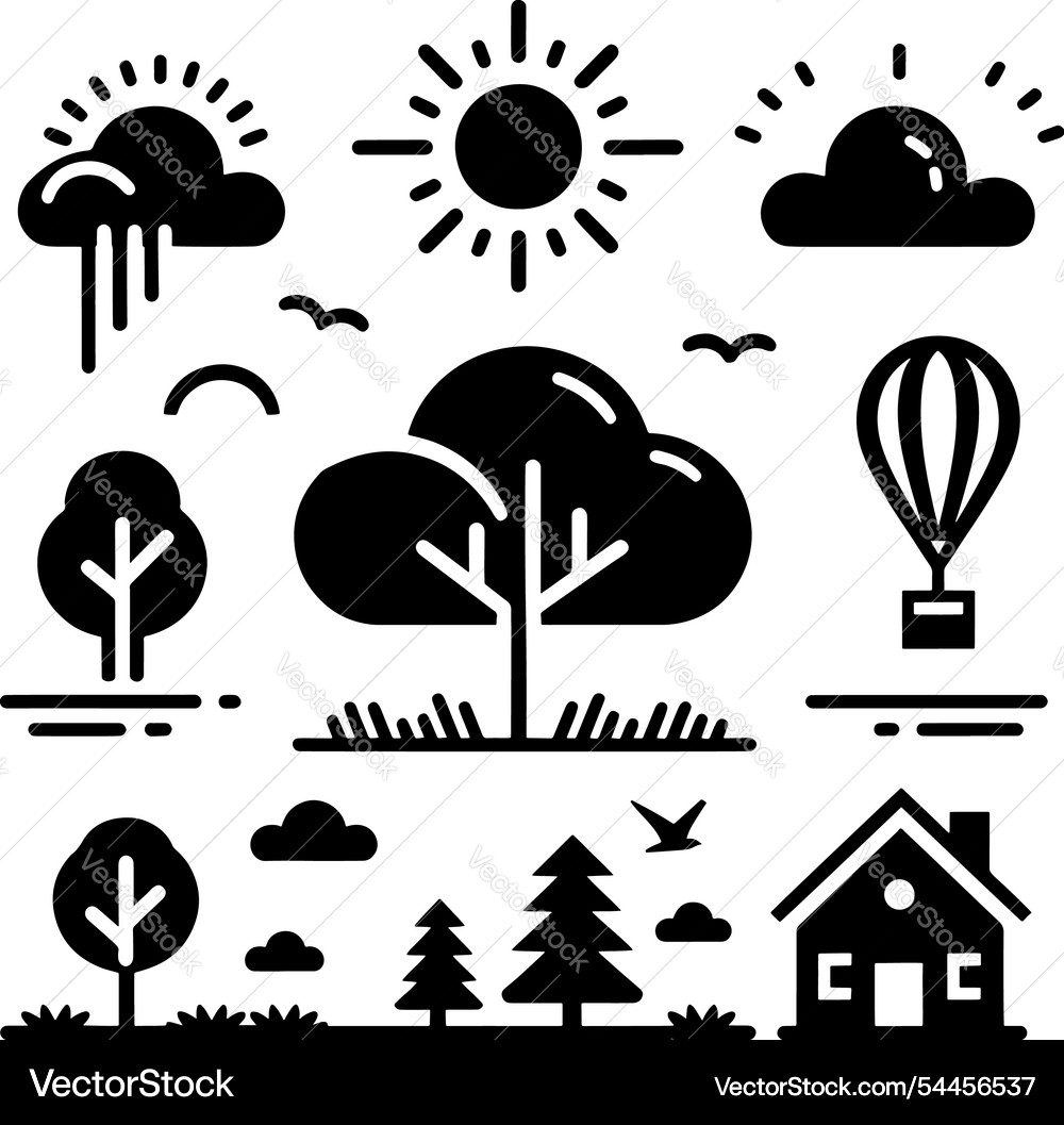 Simple nature icons set sun clouds trees house Vector Image
