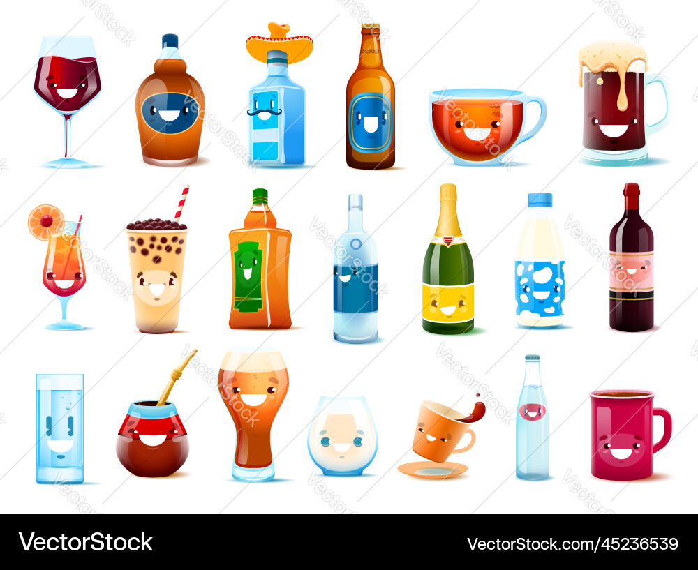 Cartoon cheerful drinks and beverage characters Vector Image