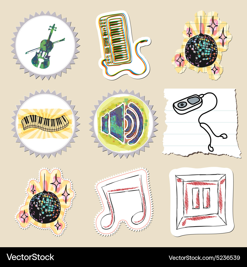 Handgezogene Musik Embleme Set isoliert Lizenzfreier Vektor