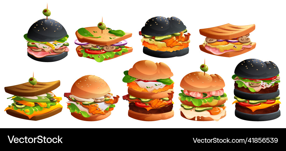 Set burgers with cheese meat bacon vegetables Vector Image