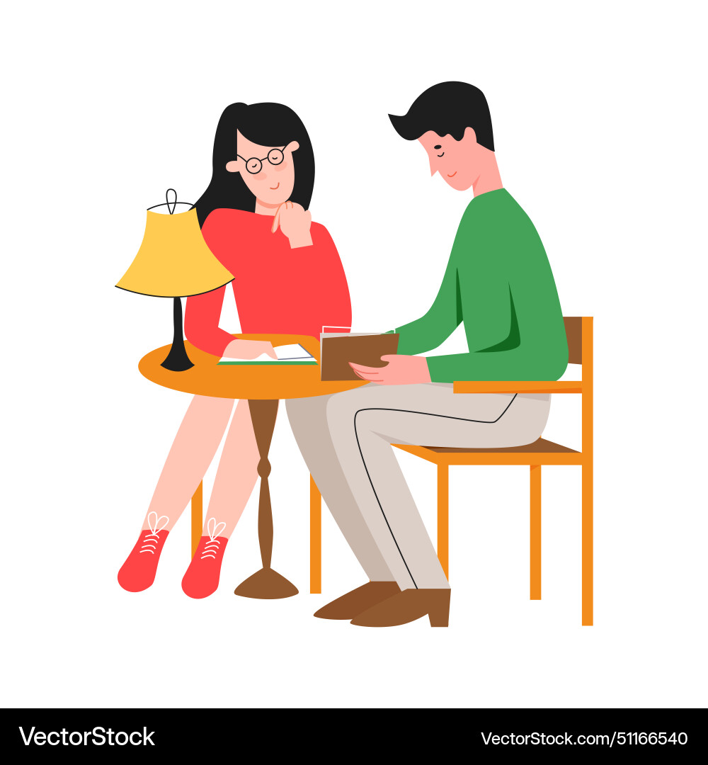 Couple of students sitting at table to study Vector Image