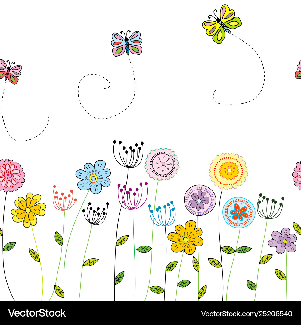Floral Doodle Border with Butterflies Royalty Free Vector