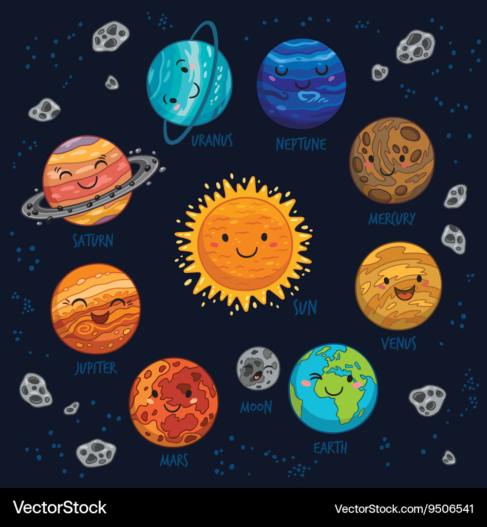 Planets colorful set on dark background Royalty Free Vector