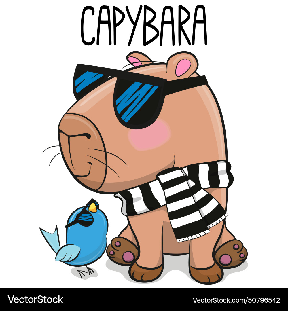 Capybara with sunglasses scarf and bird Royalty Free Vector
