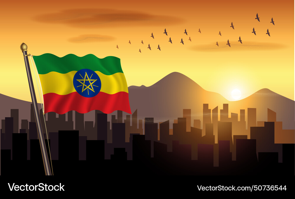 Ethiopia flag with mountains and sunset Royalty Free Vector