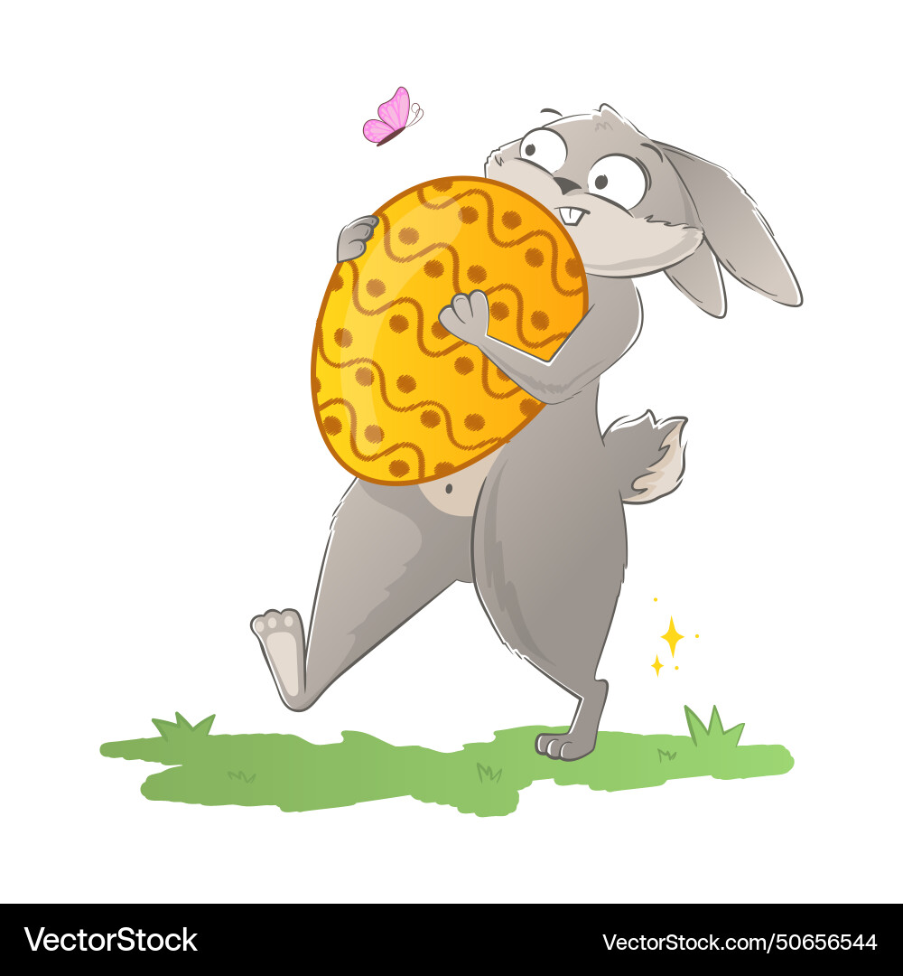 Funny easter bunny carries a huge egg on the lawn Vector Image