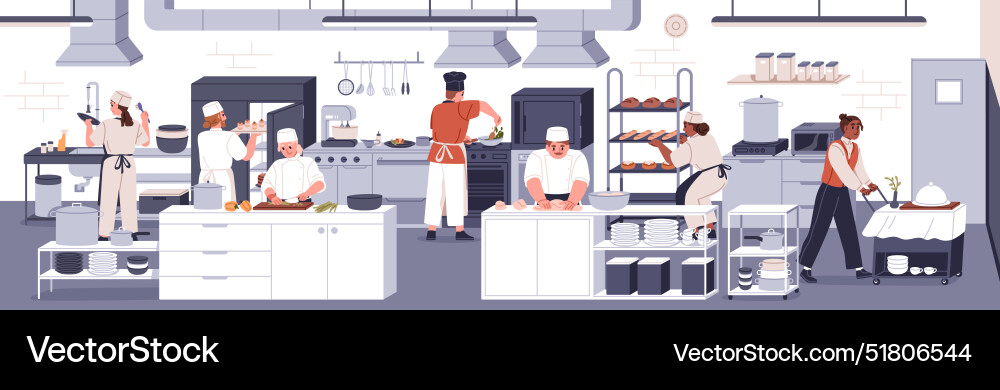 Restaurant kitchen scene professional staff Vector Image