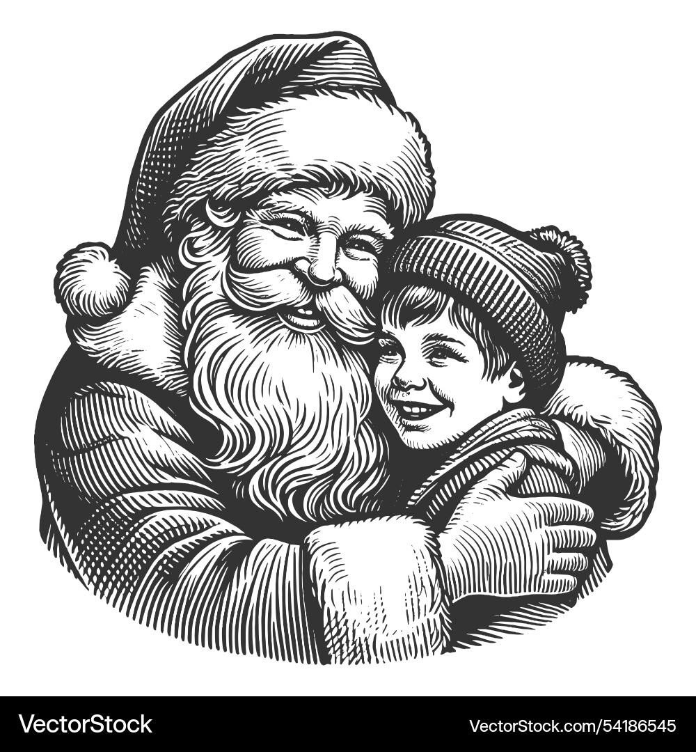 Santa claus hugging happy child engraving Vector Image