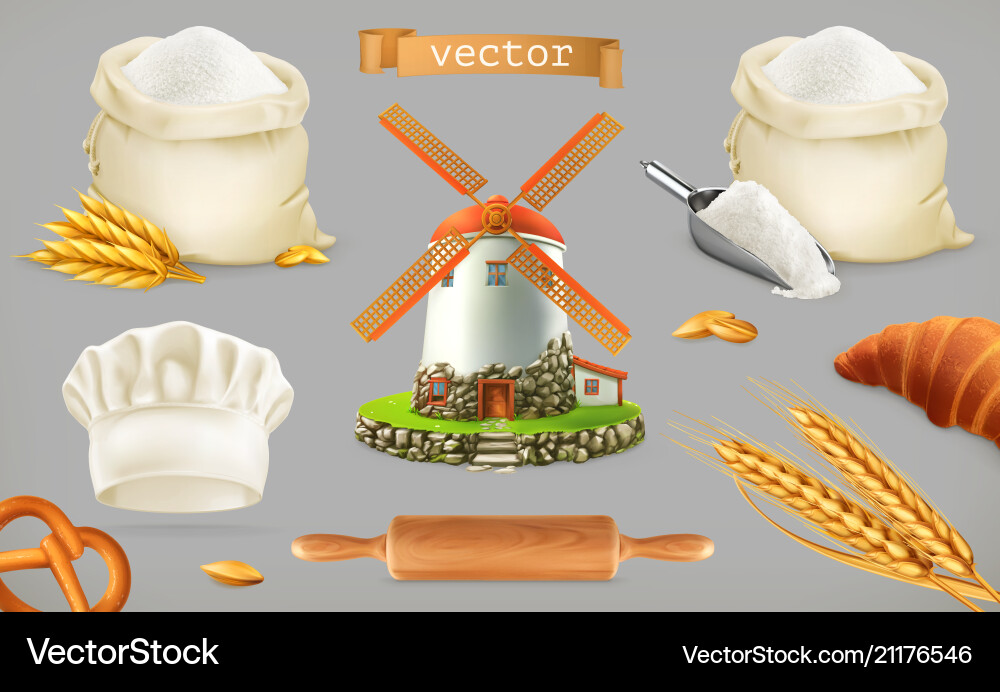 Flour mill wheat bread chef hat 3d icon set Vector Image