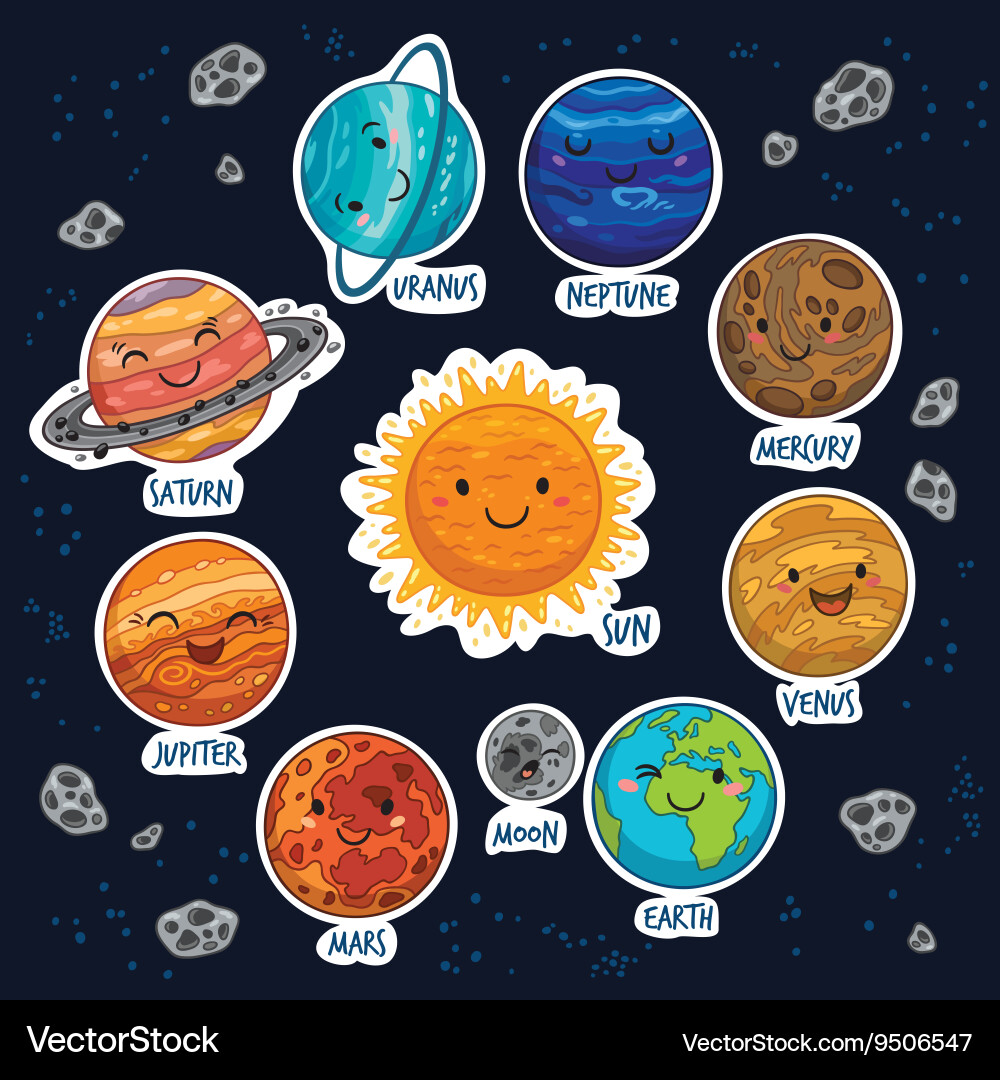 Sticker Set of Solar System with Cartoon Planets Vector Images (over 140)