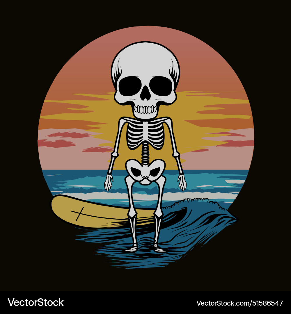 Surfing skeleton skull with surf board in ocean Vector Image