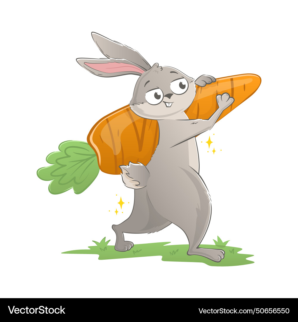 Funny easter bunny carries a huge carrot Vector Image