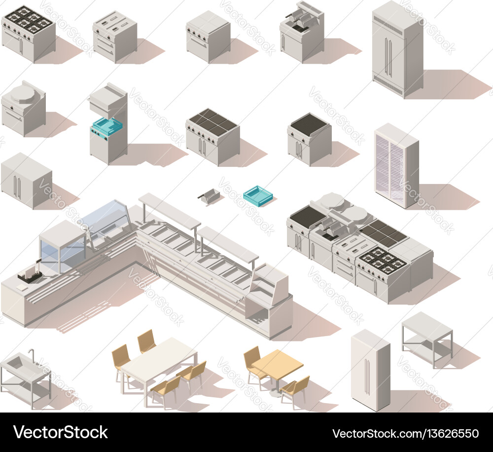 Isometric low poly restaurant equipment Royalty Free Vector