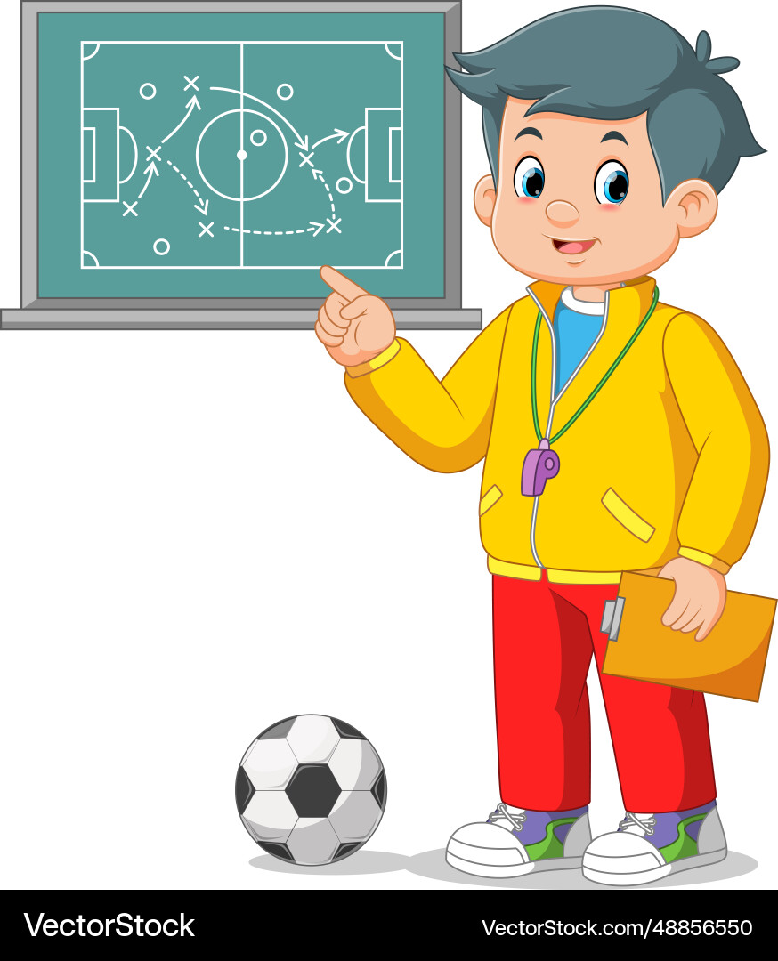 Soccer coach man drawing game plan on chalk board Vector Image